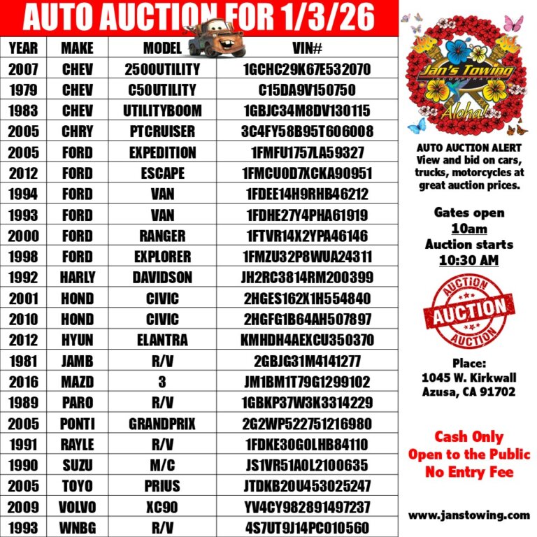 JAN'S SATURDAY AUCTION JANUARY 3, 2026 - Jan's Towing
